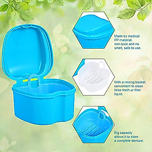 Denture Bath Box Cup, Complete Clean Care for Dentures, Clear Braces, Mouth Guard, Night Guard & Retainers,Traveling (Blue & White)