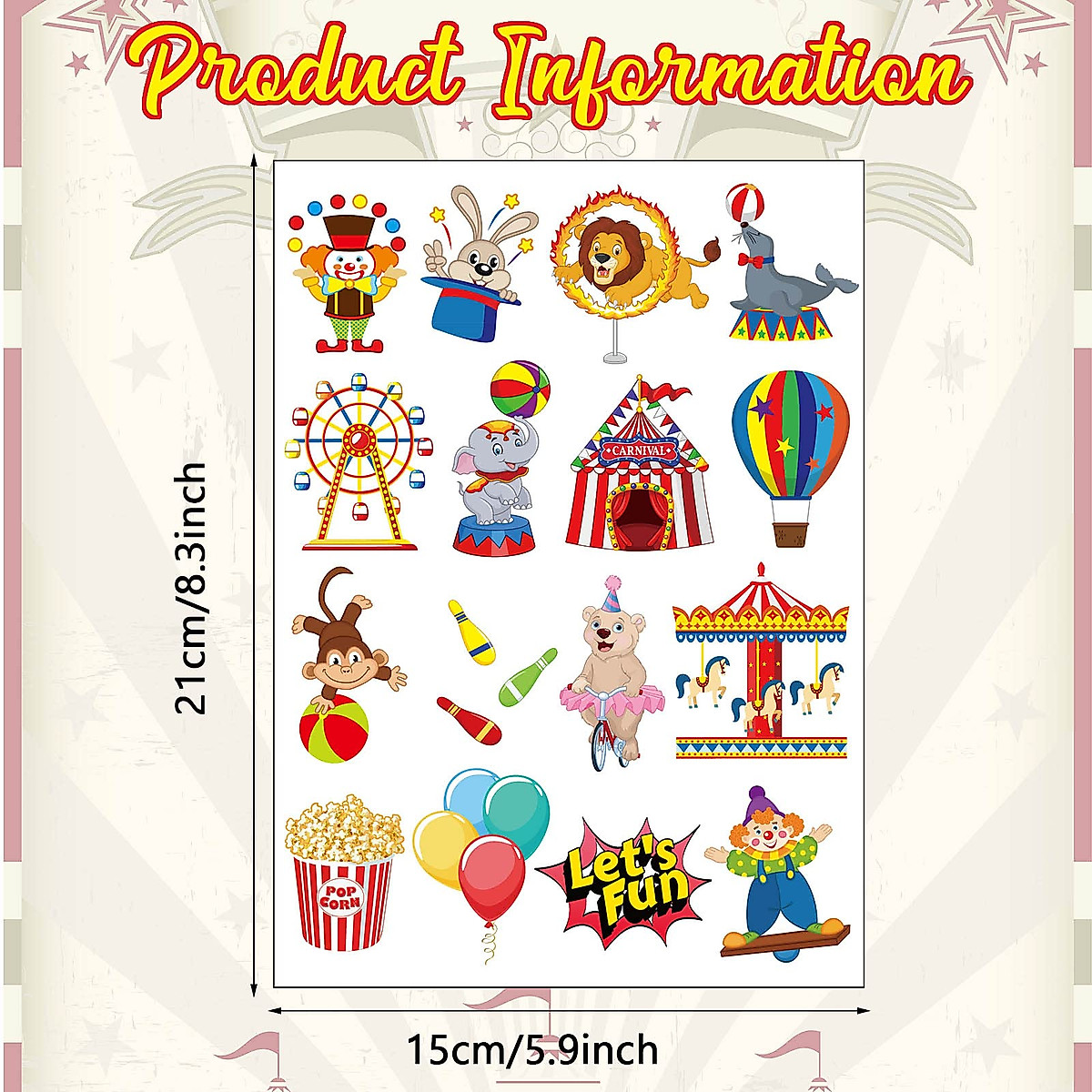 Maitys 288 Pcs Carnival Tattoos for Kids, 48 Styles Circus Party Carnival Temporary Tattoos Circus Tattoos Carnival Theme Party Circus Party Decoration Favor Supplies