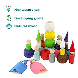 Ulanik Peg Dolls in Balls with Hats & Beds Toddler Montessori Toys for 3 Year Old + Wooden Waldorf Dolls for Learning Color Sorting & Counting — 12 Gnomes, 2 in