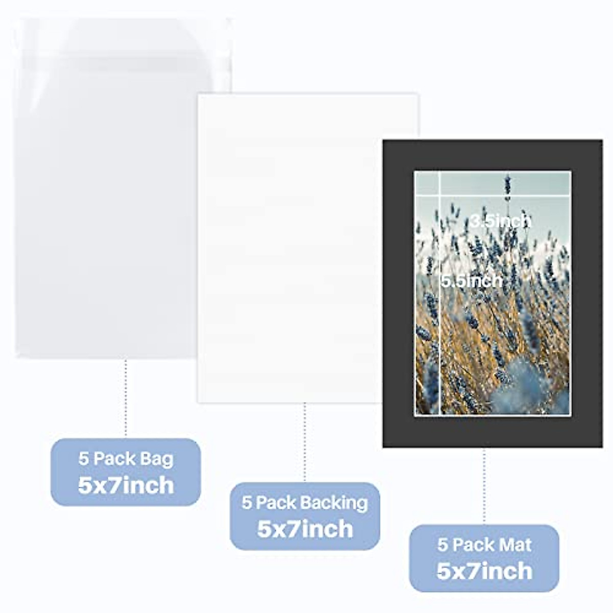 AUEAR, 5 Pack Black 5X7 Bevel Cut White Core Picture Mat for 4X6 Photo/Print/Artworks - 5 Pre-Cut Acid Free Picture Frame Mat + 5 Backing Board + 5 Clear Bag