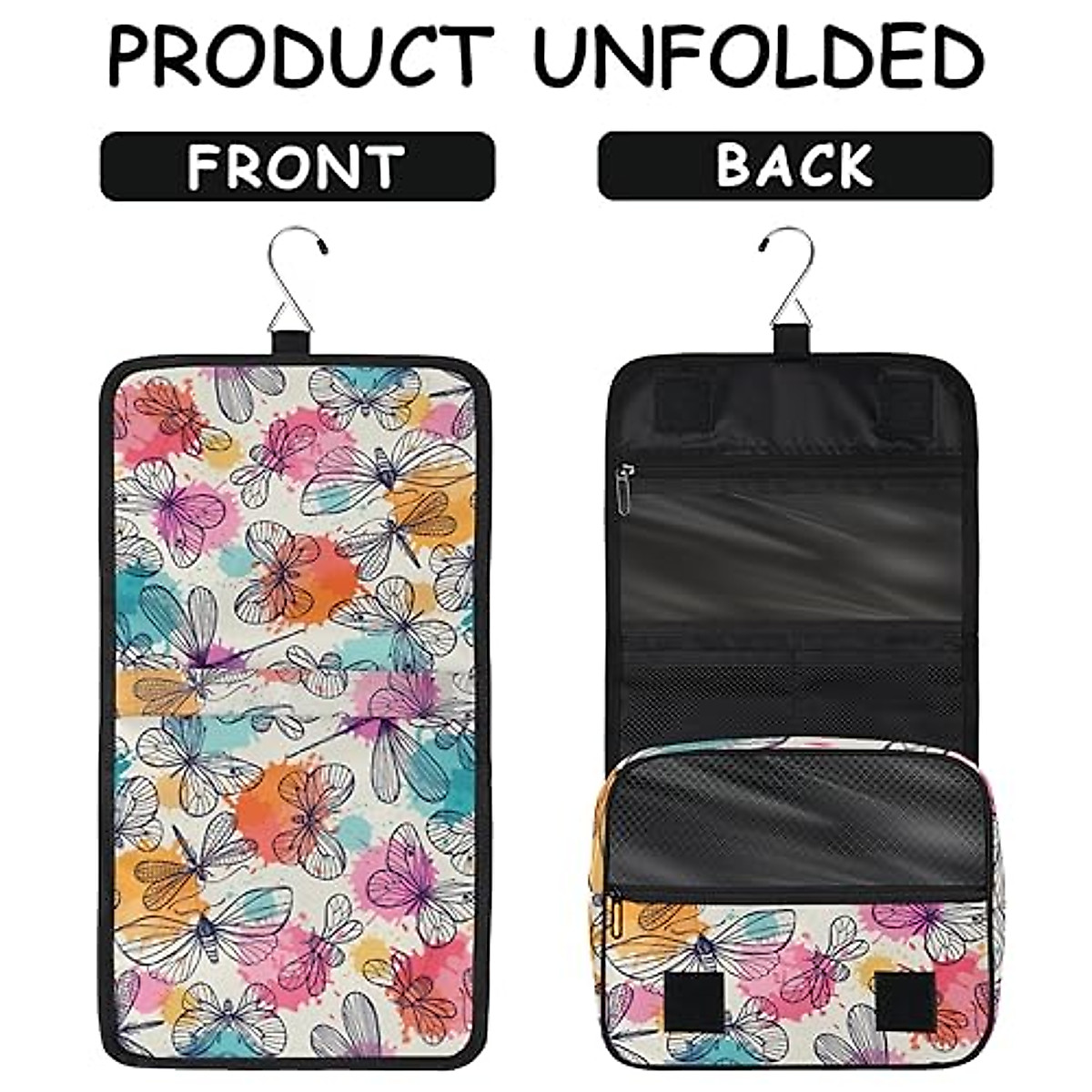 POFATO Butterfly Dragonfly Ink Travel Toiletry Bag Cosmetic Makeup Bag for Women Men Hanging Hook Wash Toiletries Portable Toiletry Bags Organizer