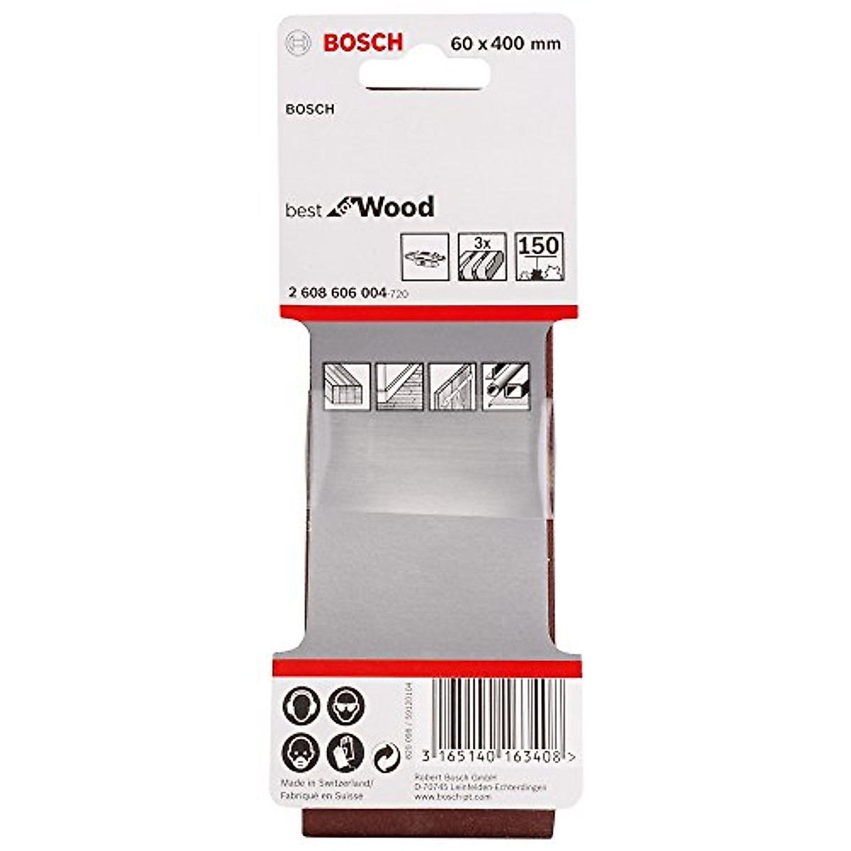 Bosch Professional 2608606004 Sanding Belts60x400 G150, Red, 60 x 400 mm, Set of 3 Pieces
