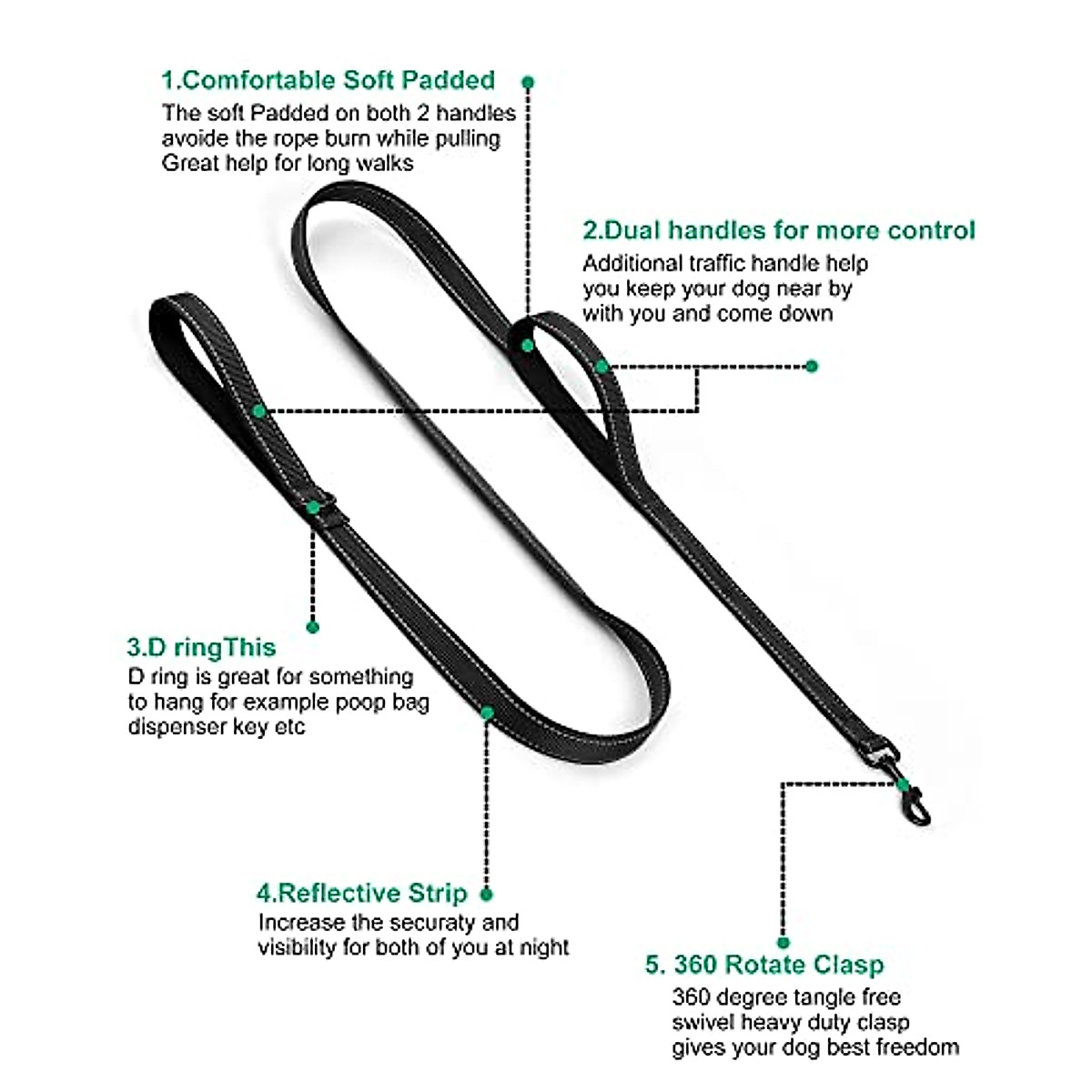 Dog Leash, Heavy Duty Dog Leash, Leashes for Large Breed Dogs 5FT 6FT, Double Handle Dog Leash, Reflective Training Lead, Perfect for Medium to Large Dogs