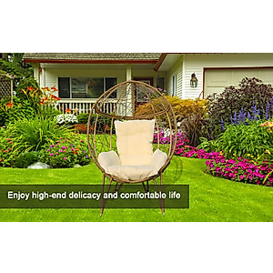 Wicker Egg Chair Outdoor, Rattan Hanging Basket Lounge Chair with Legs and Cushion, Oversized Indoor Outdoor Bedroom Garden Deck Balcony Lounger for Patio