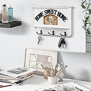 HRONRAD Farmhouse Key Holder for Wall Decorative, Home Sweet Home Decor, 3 Double Metal Key Hooks and 4 Hidden Push & Pull Cover Key Hangers, Rustic Wooden Wall Mounted Key Racks for Entryway (White)