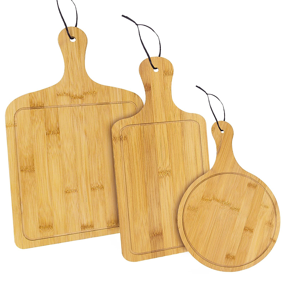 Ricawa Wood Cutting Board Set 3PCS, Kitchen Bamboo Cutting Board, Chopping Board with Juice Groove and Handle – Wood Serving Tray for Meet, Bread, Pizza, Cheese, Fruit &Vegetables(3 Pack, 3 Style)