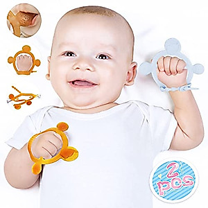 【Never Drop from Hand】 HEORSHE 2 Pack Baby Teething Toys for Babies 3-6 Months Teethers for Infant Toddlers Silicone Molars Adjustable Chew Toys for Babies 3 4 5 6 7 8 9 10 11 12 Months (Brown + Blue)