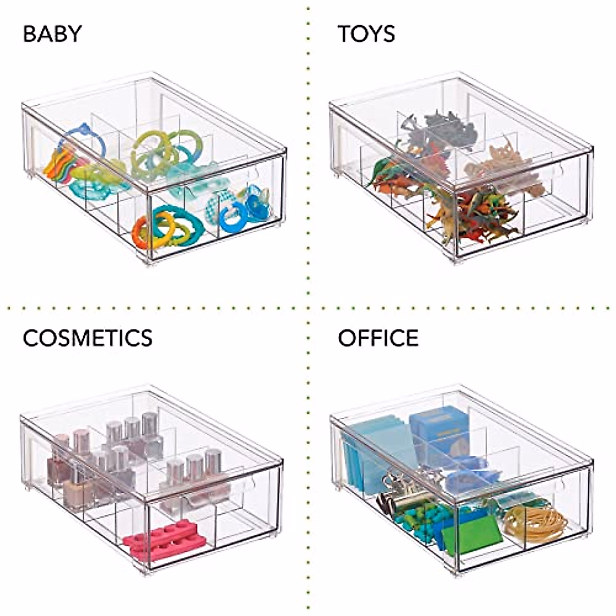 mDesign Plastic Kitchen and Pantry Organizer with Divided Drawer - Stackable Bin with 8 Sections for Tea and Snack Food - Perfect for Organizing Cabinet, Fridge - Lumiere Collection - 4 Pack - Clear