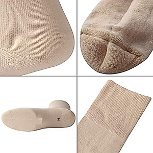 Facool Womens Diabetic Socks, Warm Cushion Cotton Crew Non Binding Loose Top Circulatory Viasox Diabetes Seamless Toe Moisture Wicking Wellness Socks, 6 Pairs Beige Medium