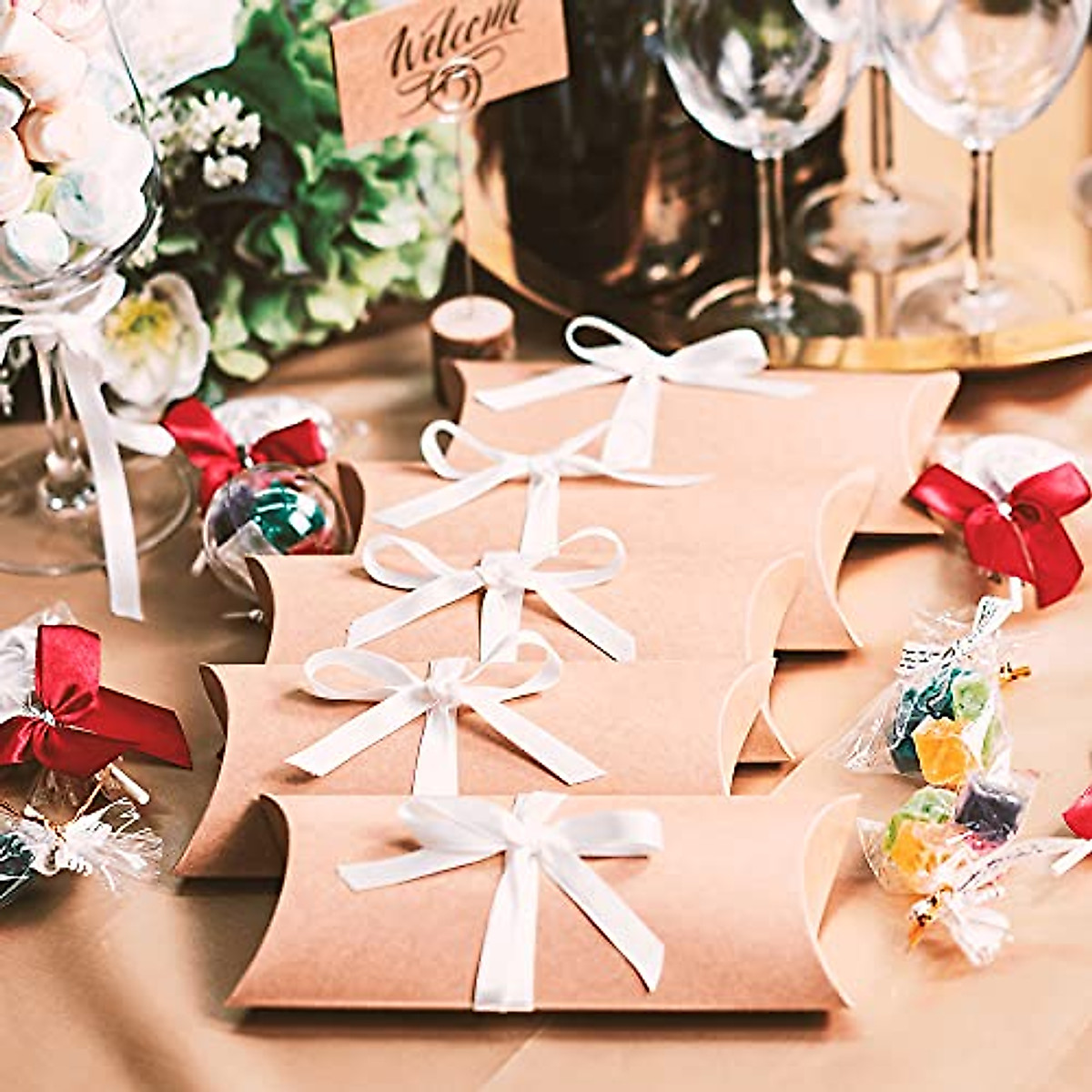 Pillow Boxes, 100-Pack Pillow Gift Boxes with Twine Rope, Kraft Mini Favor Boxes, 7.5 x 3.7 x 1.2 Inches