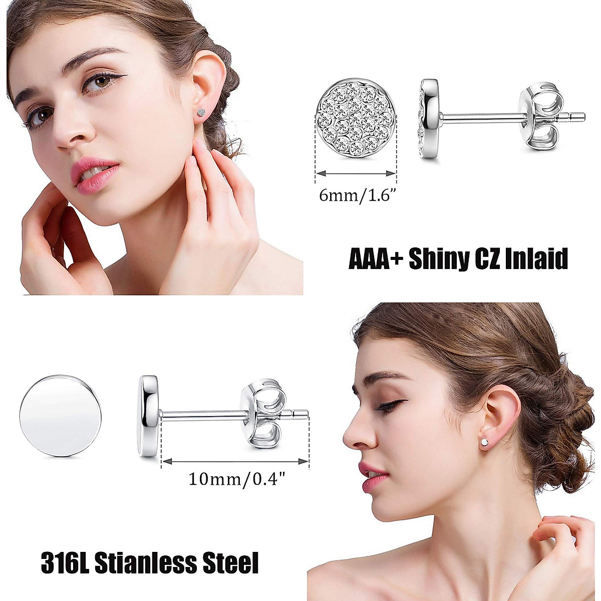 FIBO STEEL 8 Pairs Stainless Steel Star Bar Stud Earrings for Women Cute CZ Stud Earring Set Silver