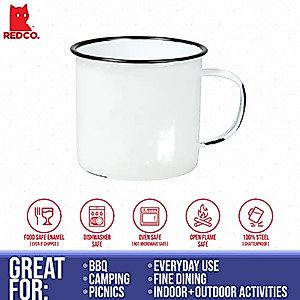 Red Co. Enamelware Metal Large Classic 22 Oz Round Coffee and Tea Mug with Handle, Distressed White/Black Rim