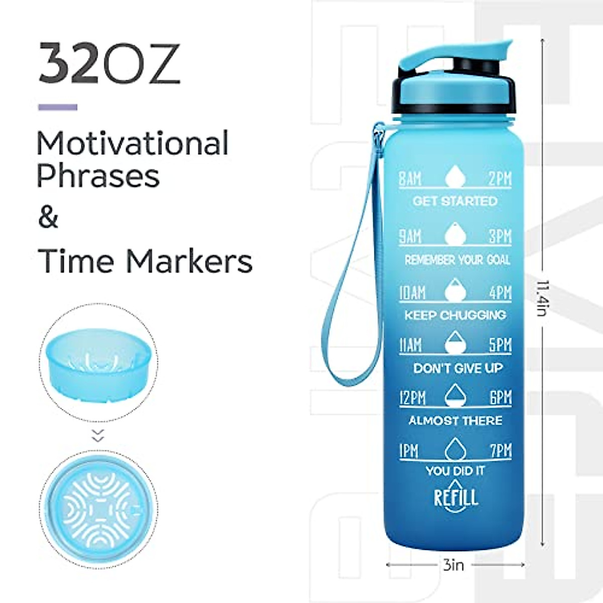 Elvira 32oz Large Water Bottle with Motivational Time Marker & Removable Strainer,Fast Flow BPA Free Non-Toxic for Fitness, Gym and Outdoor Sports-Black