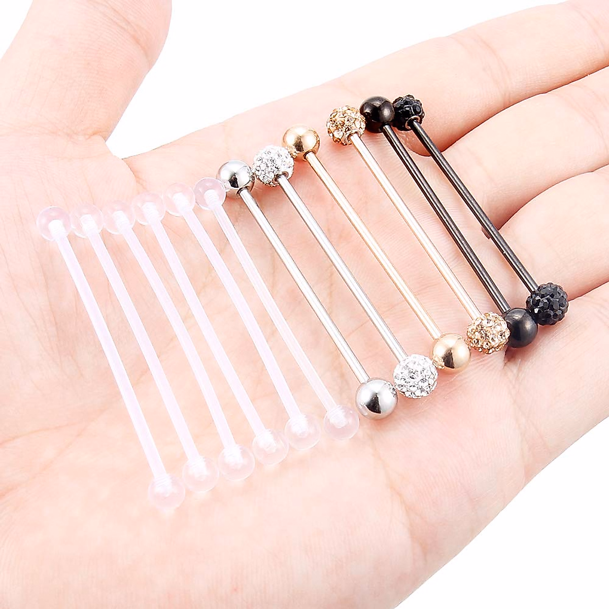 Hoeudjo Industrial Barbell 14G 12Pcs Bioflex Clear Acrylic Earring Retainer Surgical Steel Helix Conch Cartilage Ring Body Piercing Jewelry 1 1/2 Inch(38mm) for Women Men Silver Black Rose Gold