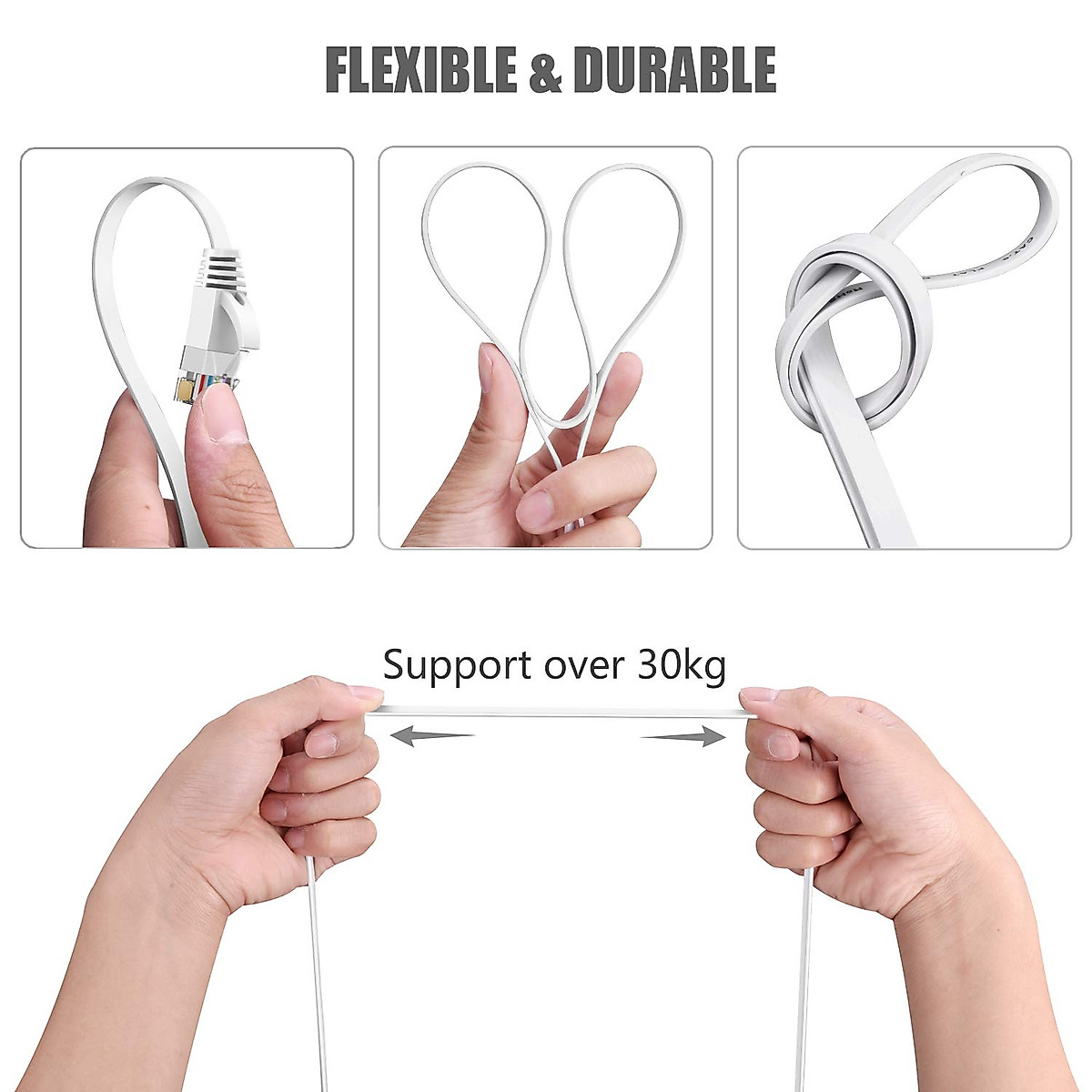 BUSOHE Cat6 Ethernet Cable 20 FT White, Cat-6 Flat RJ45 Computer Internet LAN Network Ethernet Patch Cable Cord - 20 Feet