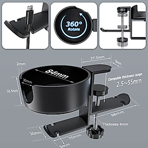 NODOCA Desk Cup Holder, 3.3 inches Diameter Cup Holder with 2 Space Saving Hangers for Headset/Bag/Hat, 360 Degree Rotation Desk Drink Holder, Headphone Hanger for Office, Home(Black)