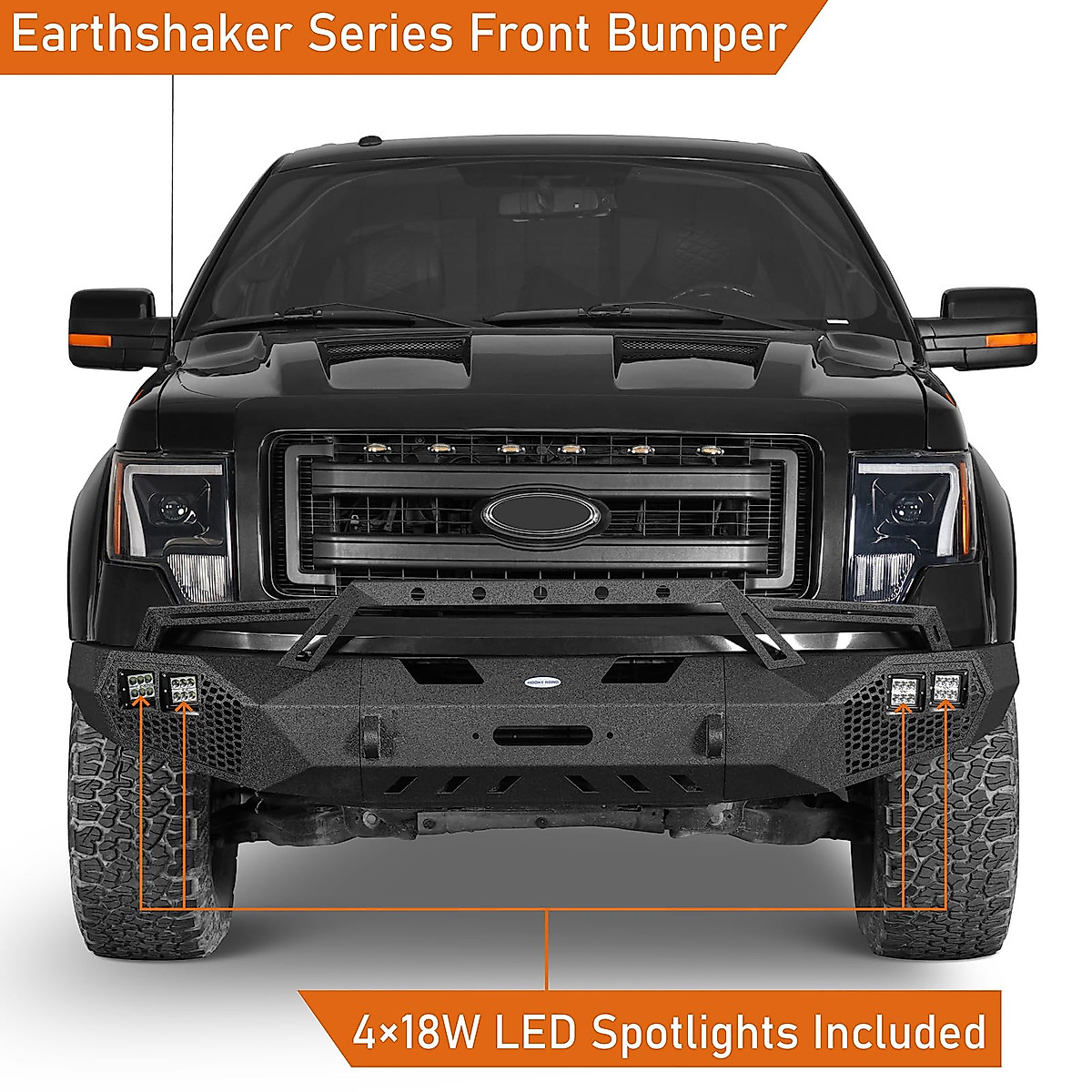 Hooke Road Earthshaker F150 Front Bumper w/Bull Bar & Winch Plate for Ford F-150 2009 2010 2011 2012 2013 2014 (Exclude Raptor), Full Width Steel Replacement Bumper
