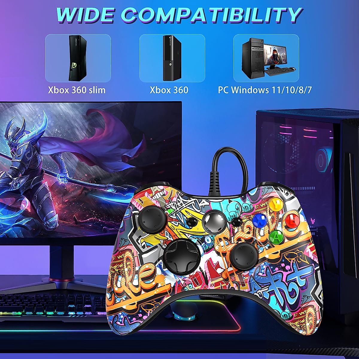 Bameca 2pcs Xbox 360 Controller Wired, Xbox PC Controller, Compatible with Xbox 360/xbox 360 slim and PC Windows 11/10/8/7