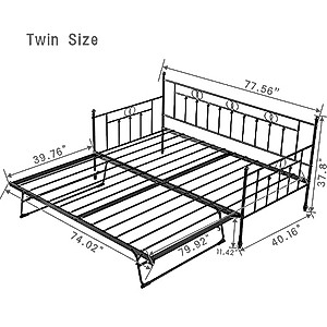 FULLJOJOR Twin Day Bed with Trundle Bed Twin, Metal Daybed with Trundle, Daybed with Pop Up Trundle Bed Frame, Steel Slat Support Sofa Bed for Kids Teens Adults, No Box Spring Needed