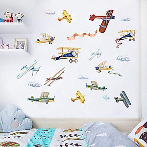 Watercolor Airplane Wall Decals, Removable Wall Stickers for Nursery Playroom Kids Bedroom Decoration, Aircrafts Theme Boys Bedroom Wall Decoration (Airplane, 9.8" X 18" X4Pcs)