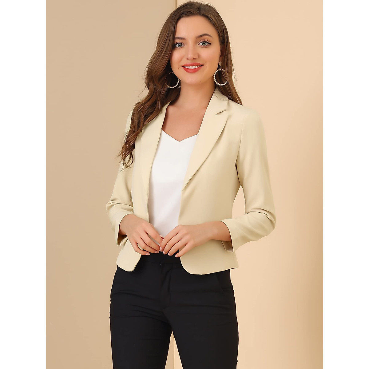 Allegra K Women's Open Front Office Work Business Casual Lightweight Crop Suit Blazer Jackets X-Small Beige-Solid