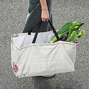 KQNZT Reusable Grocery Bags, Large Foldable Reusable Shopping Tote Bags Bulk for Groceries, Waterproof Kitchen Cloth Produce Bags with Long Handles, Pink Rose Flower Wooden Board