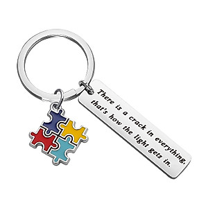 FUSTMW Autism Awareness Keychain Gift Puzzle Piece Charm Autism Mom Inspirational Gift for Autistic Teen There is a crack in everything that is how the light gets in (silver)