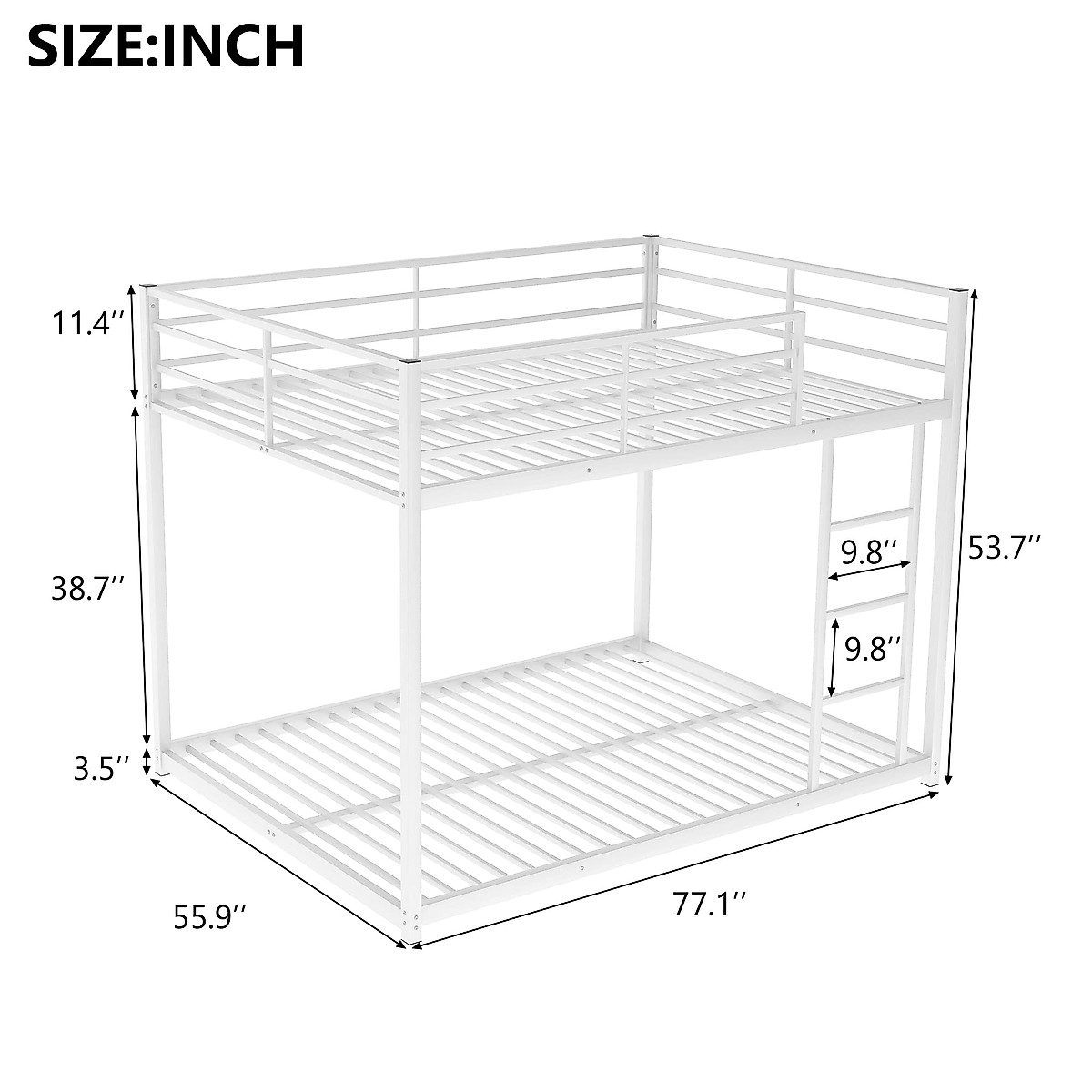 ZJIAH Metal Bunk Bed Full Over Full with Ladder, Low Bunk Bed Frame with Safety Guard Rails, Sturdy Heavy Duty Full Size Floor Bunk Beds Frames for Teens, No Box Spring Required, White