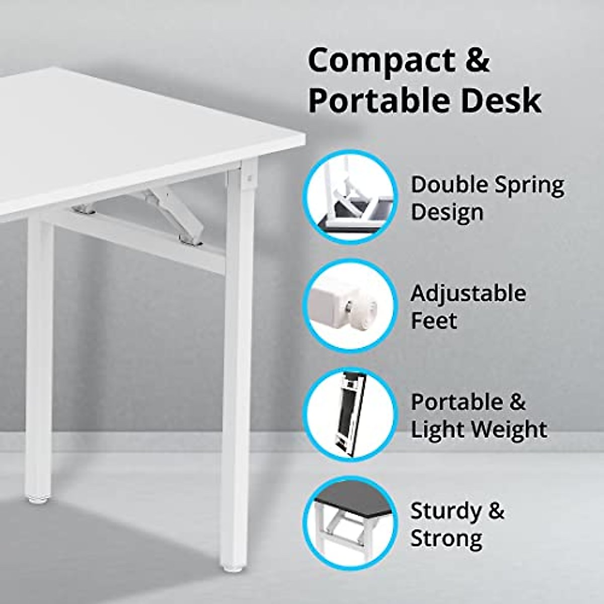 Halter Folding Desk Table for Small and Large Spaces, Collapsible Computer Desk for Office, Bedroom, and Study - 47” Space-Saving Portable, Foldable Study Table - White Desk, White Frame