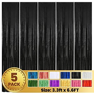 pabues 5 Pack 3.3 x 6.6 FT Black Foil Fringe Backdrop Curtain, Streamer Backdrop Curtains, Streamers Birthday Party Decorations, Fringe Backdrop for Graduation, Baby Shower, Gender Reveal