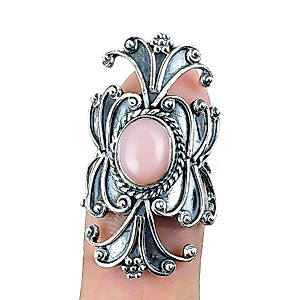 AUDRIELLE 925 Sterling Silver Ring, Pink Opal Oval Shape Handmade Gemstone, Adjustable