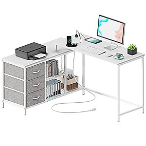 SUPERJARE L Shaped Desk with Power Outlets, Computer Desk with Drawers & Shelves, Corner Desk Gaming Desk Home Office Desk, White
