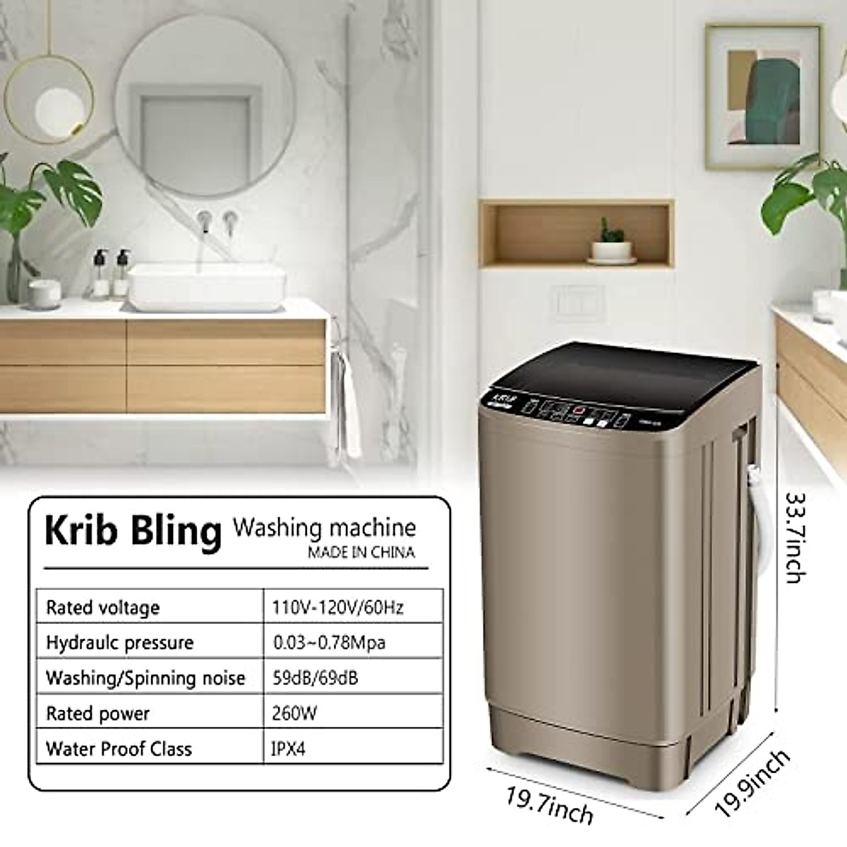 Krib Bling Full-Automatic Washing Machine with Drain Pump, 17.7 lbs Compact Washer, 10 Wash Program & 8 Water Level, Ideal for Apartment, Dorm, RV