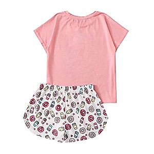 DIDK Women's Cartoon Print Tee and Curved Hem Shorts Pajama Set Pink and White XS