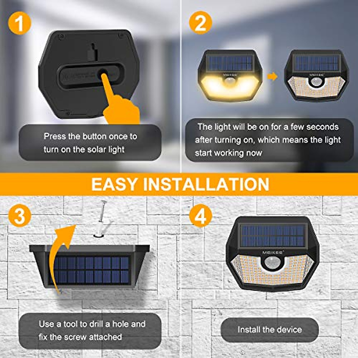 MEIKEE Solar Lights Outdoor Motion Sensor, 150 LEDs 2700K Warm White Solar Motion Light Outdoor 270° Wide Angle, IP65 Waterproof Solar Security Lights for Garden Patio Yard Deck Garage Fence -4 Pack