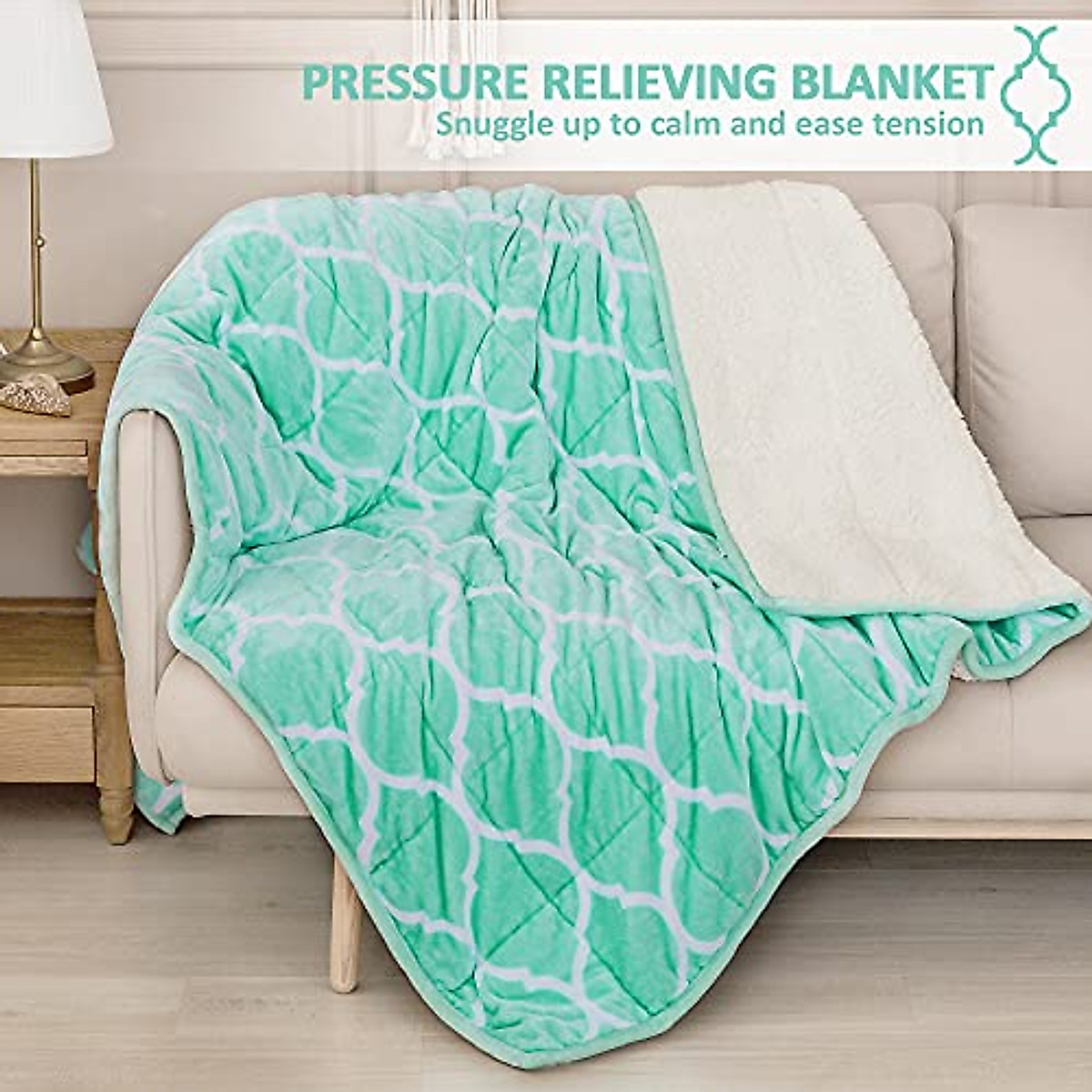 Sted Sherpa Fleece Weighted Blanket 15lbs, Moroccan Pattern Ultra-Soft Warm Sherpa with Premium Ceramic Beads to Relieve Stress, Individual Use on Couch Bed Teal 60"×80" 15 lbs