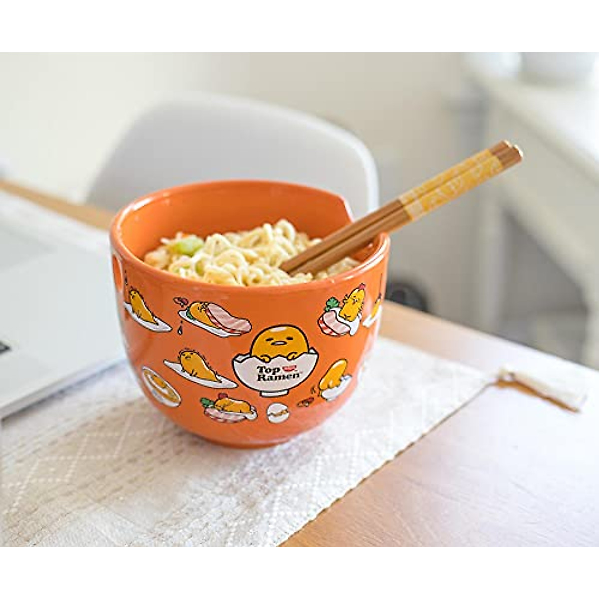 Gudetama Japanese Ceramic Dinnerware Set | Includes 20-Ounce Ramen Bowl and Wooden Chopsticks | Asian Food Dish Set For Home Kitchen | Kawaii Anime Gifts, Official Sanrio Lazy Egg Collectible