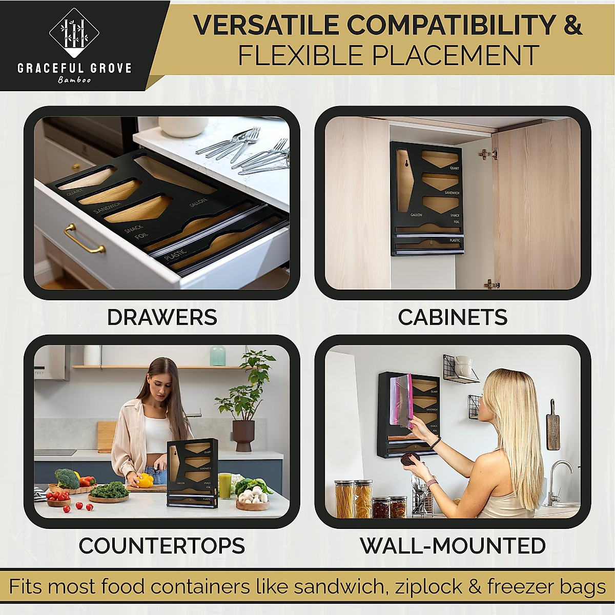 Graceful Grove Bamboo Food Bag Organizer: Kitchen Drawer Organizer with Wrap Dispenser and Cutter - Foil and Plastic Wrap Holder - Fits Gallon, Quart, Sandwich, Snack Bags, and 12" Rolls (Black)