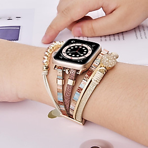 VISOOM Beaded Boho Bracelet Compatible for Apple Watch Band 40mm/38mm/41mm/42mm Series 10 9 8 7 SE Series 6/5/4 Women Leather Fashion Cute Handmade Multilayer Wrap Watch Strap for iWatch Bands 3/2/1