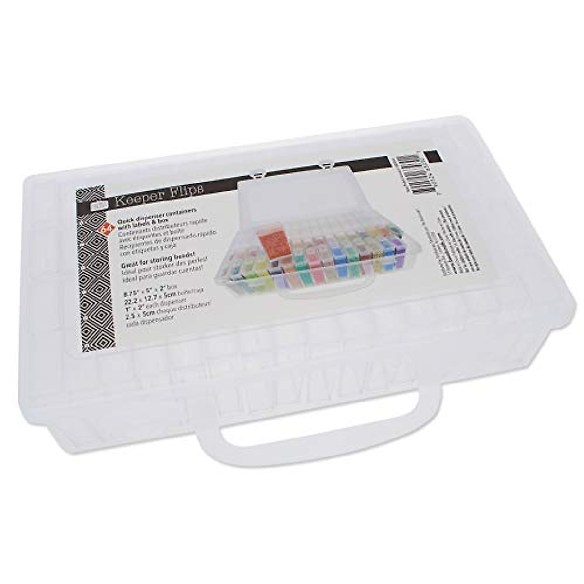 The Beadsmith Personality Case - Clear Storage Carrying Case 8.5 x 5 inches - and 64 flip top Boxes 1 x 2 inches Each, Includes Labels, for organizing and Storage