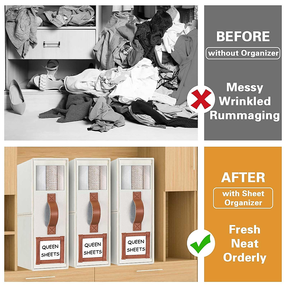 GhvyenntteS Bed Sheet Organizers and Storage 4 Pack (Queen & King Size), Foldable Sheet Organizers and Storage with Window and Label, Bed Sheet Organizer with Leather Handle, Beige