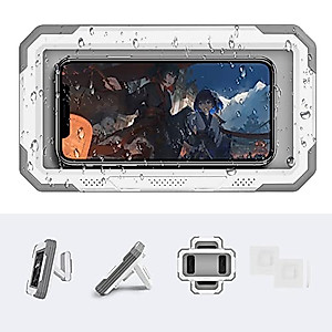 E-BAYKER Shower Phone Holder, Waterproof Universal Shower Phone Case Phone Stand Wall Mount Bathroom Glass Mirror Bathtub Kitchen for iPhone 14 13 12 11 Pro Max up to 6.8" Any Cell Phone - White