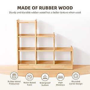 OOOK Rubber Wood 6 Cube Storage Organizer, Ladder Corner Shelf with Display Paltform, 3 Tier Kids Bookshelf and Toy Storage, Kids Furniture, Natural Solid Wood.