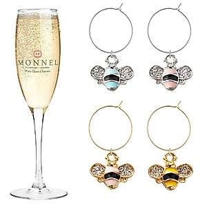MONNEL P524 Assorted Little Honey Bees Wine Charms Glass Markers Tags for Party Decorations with Velvet Bag- Set of 4