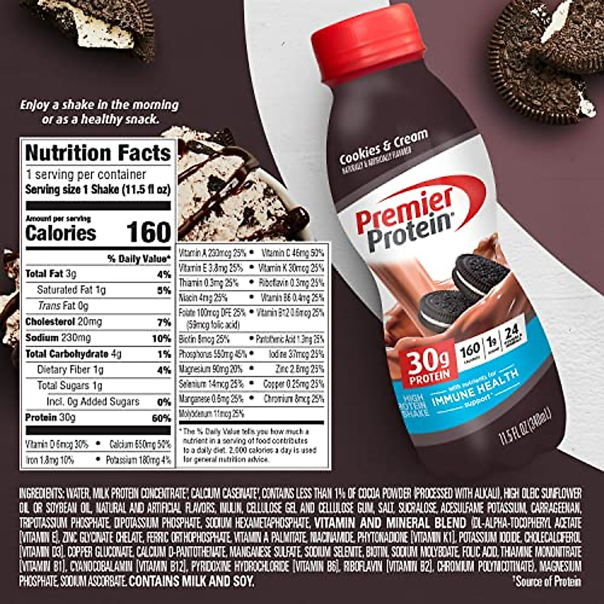 Premier Protein Shake, Cookies & Cream, 30g Protein, 1g Sugar, 24 Vitamins & Minerals, Nutrients to Support Immune Health 11.5 fl oz
