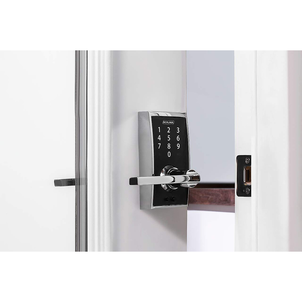 Schlage FE695-CEN-619-LAT Satin Nickel Century Keyless Touch Pad Electronic Leverset with Latitude Lever