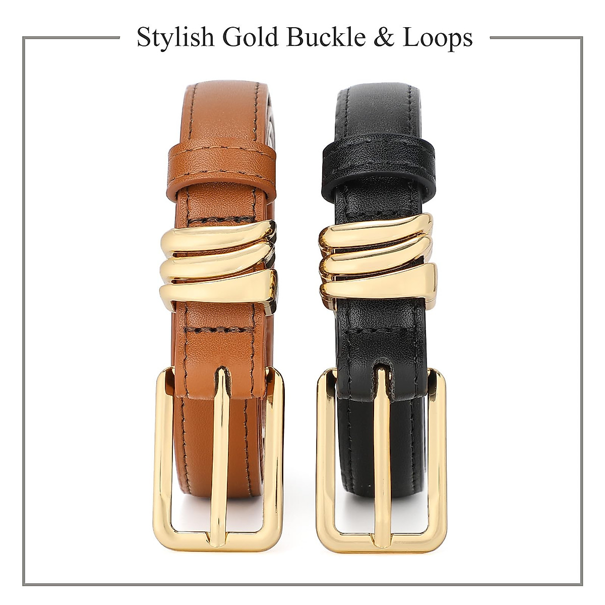 XZQTIVE Women Skinny Leather Belt Ladies Black Thin Waist Belt for Dresses Jeans Pants with Gold Buckle and Metal Loops