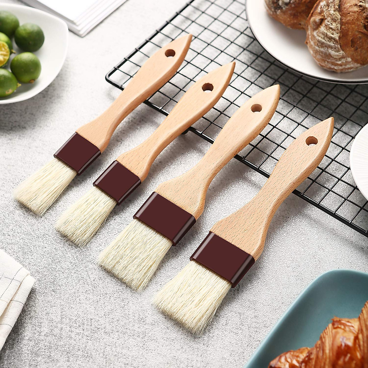 1 inch & 1.5 inch Pastry Brush Natural Boar Bristle Basting Brush Kitchen Oil Brush with Beech Wooden Handle and Hanging Rope String Grill BBQ Sauce Baster Baking Cooking Marinade Brushes (Pack of 2)
