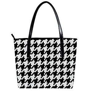 RODAILYCAY Leather Handbag for Women Large Capacity Top Handle Satchel Bucket Purses Shoulder Bag Black White Houndstooth Plaid Pattern