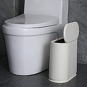 Sooyee Bathroom Trash Can with Lid, 2.4 Gallon Slim Smart Can, Small Plastic Bin, 10 L Narrow Waste Basket for Bedroom, Kitchen, Office, Cream White